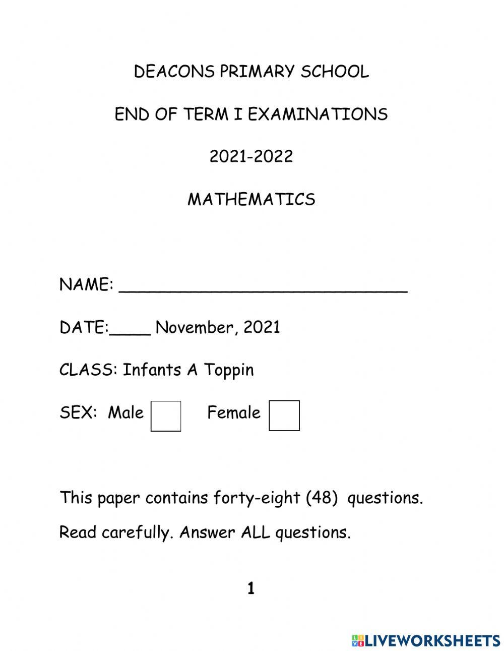 Mathematics (Part 2) Exam Term 1 online exercise for | Live Worksheets