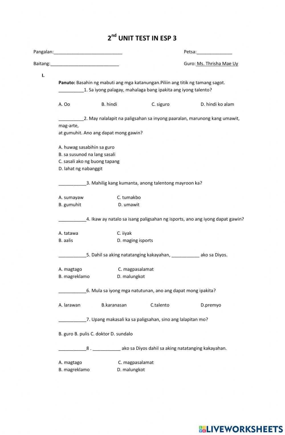 1727168 | 2nd UNIT TEST | tmpu14 | LiveWorksheets