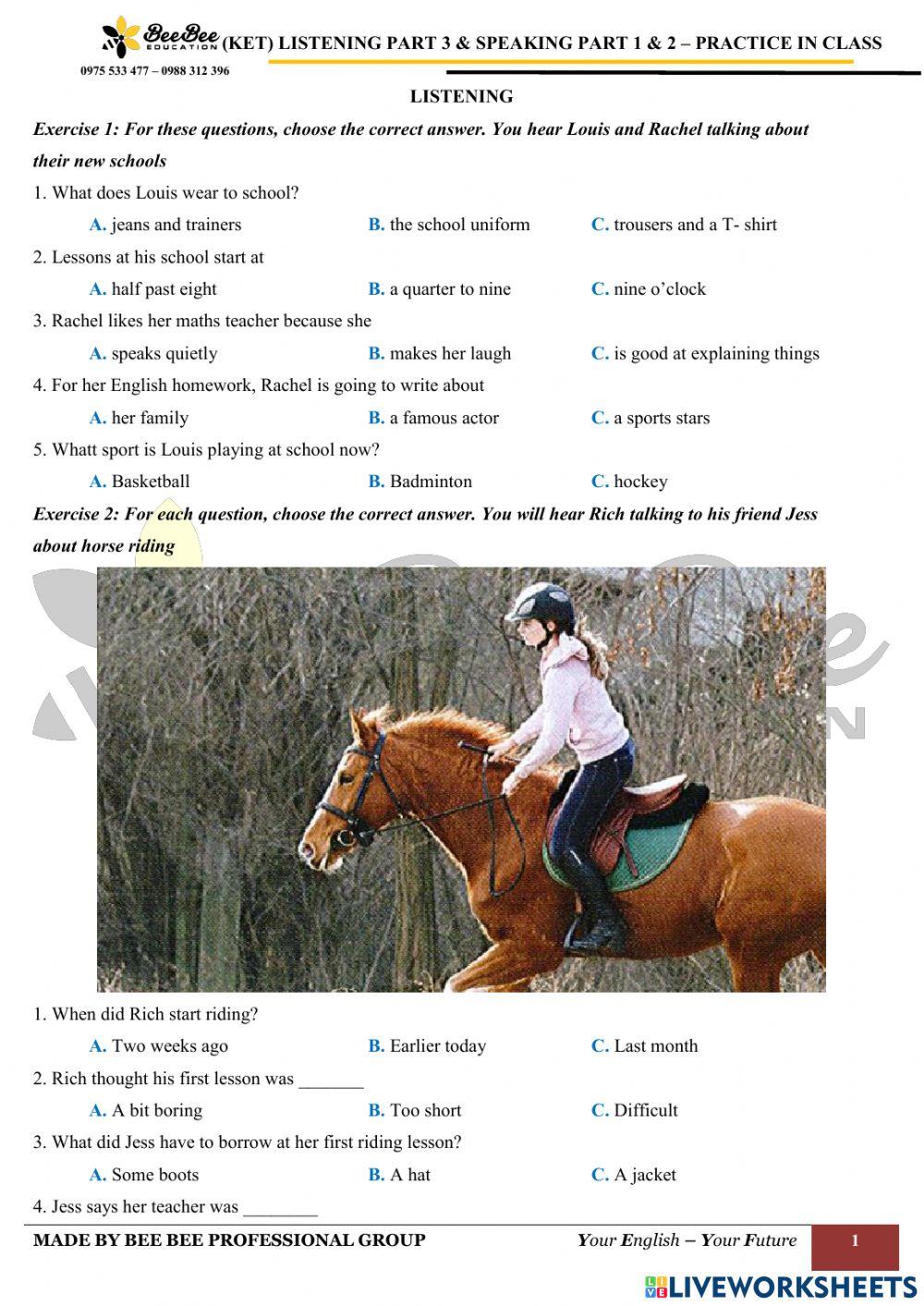 (KET) Listening part 3 -speaking part 1 - 2 - practice in class online ...