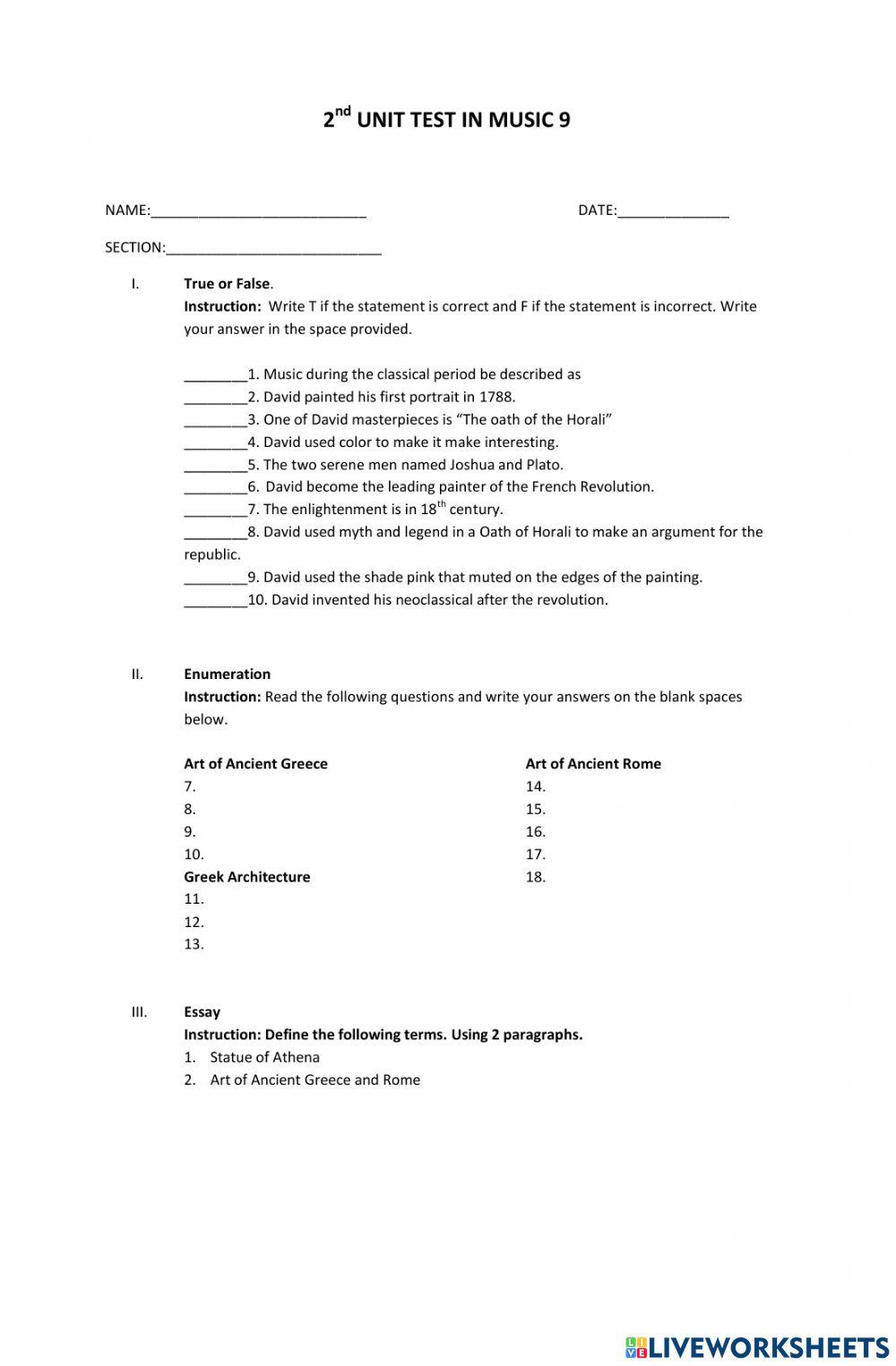 2nd UNIT TEST interactive activity | Live Worksheets
