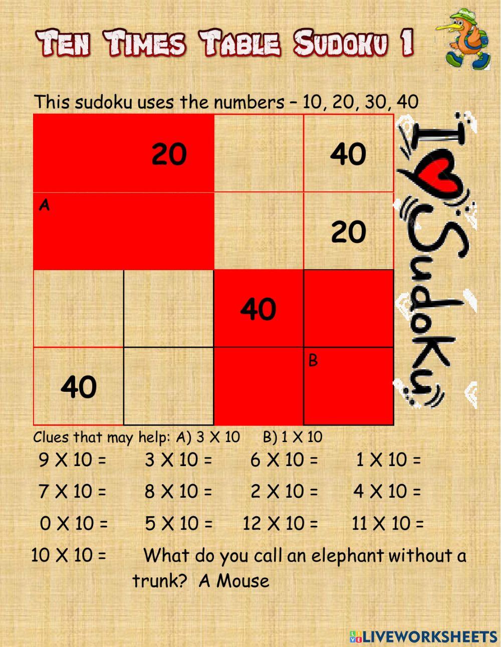 Ten Times Table Sudoku 1 worksheet | Live Worksheets
