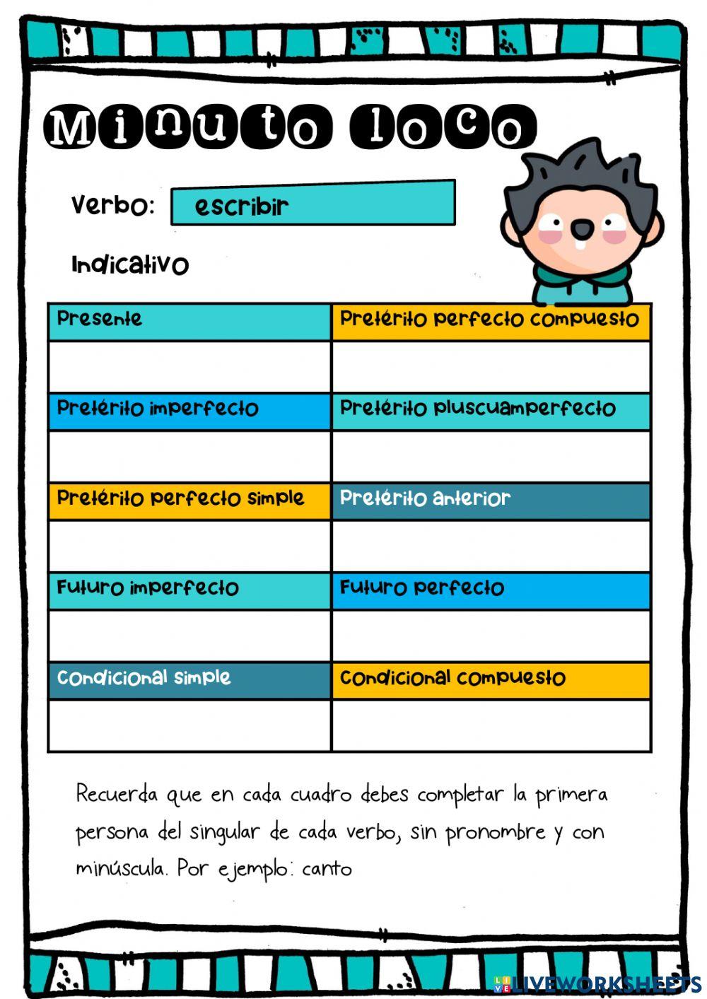 Verbo escribir: minuto loco worksheet | Live Worksheets