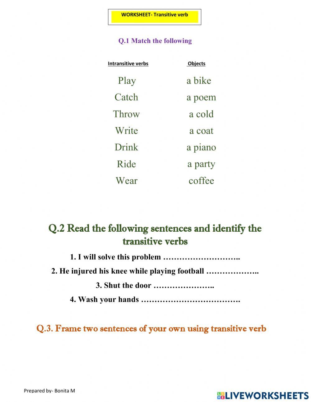 Transitive verbs worksheet worksheet | Live Worksheets