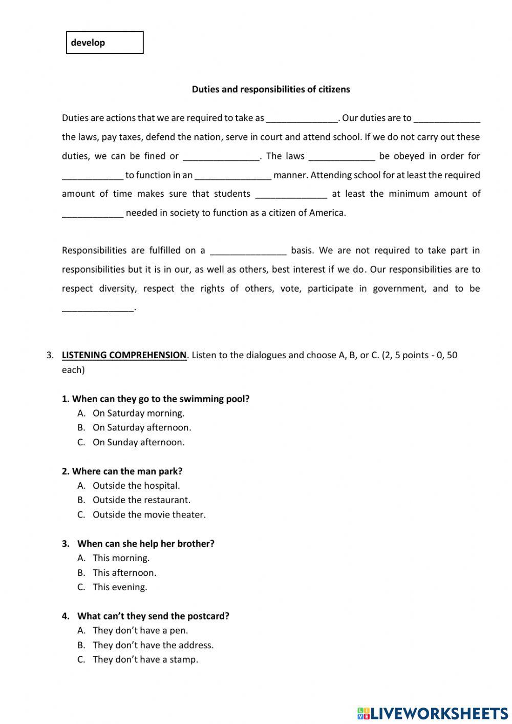 English assessment 7th A online exercise for | Live Worksheets