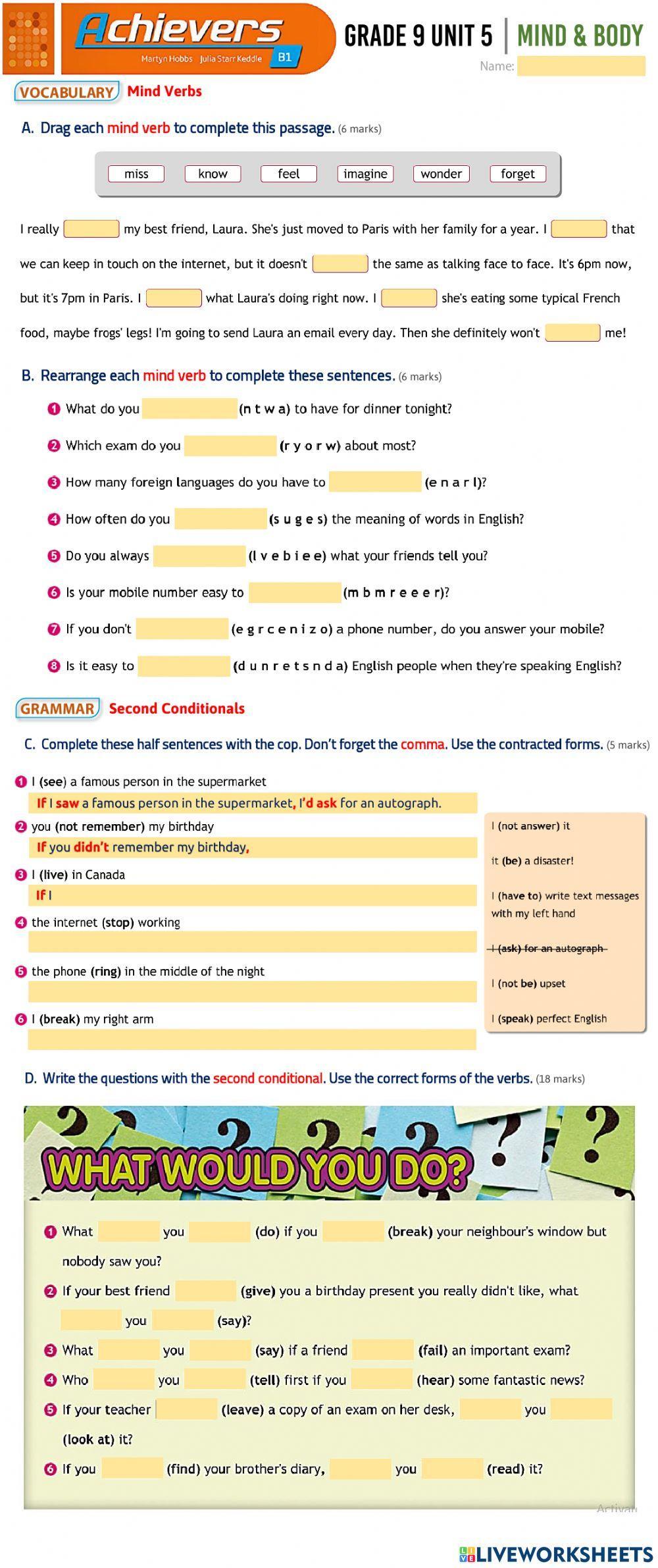 Grade 9 Unit 5 Mind - Body - Mind Verbs - Second Conditionals worksheet ...