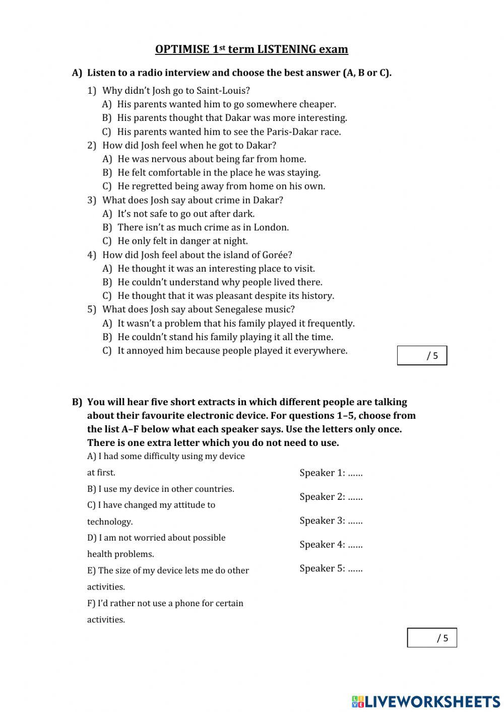 Optimise 1st term LISTENING EXAM worksheet | Live Worksheets