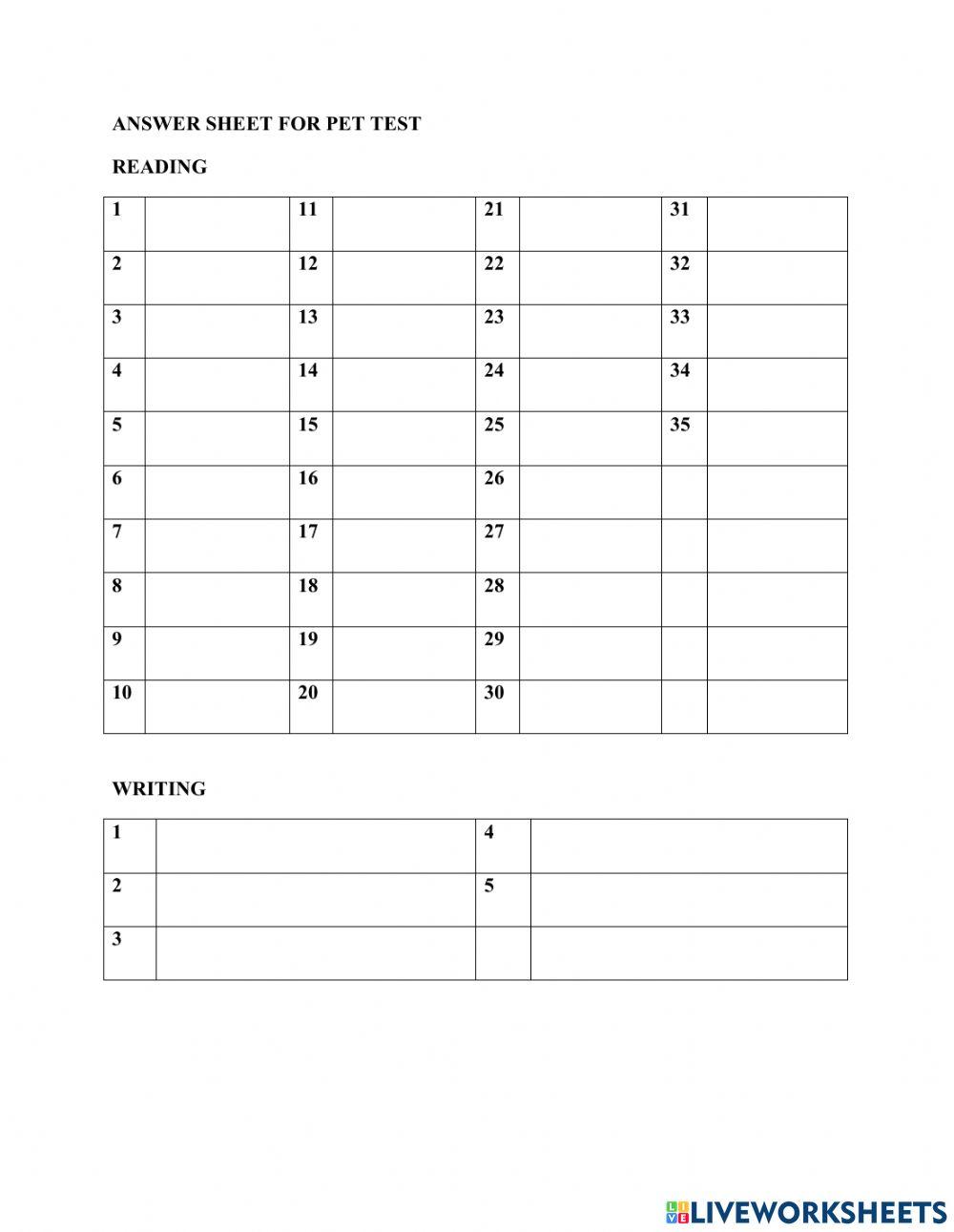 ANSWER SHEET TE… | Free Interactive Worksheets | 4083169