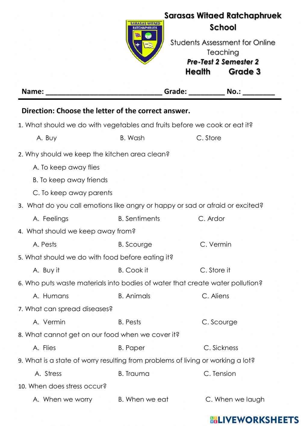 Pre-Test 2 Health Semester 2 online exercise for | Live Worksheets