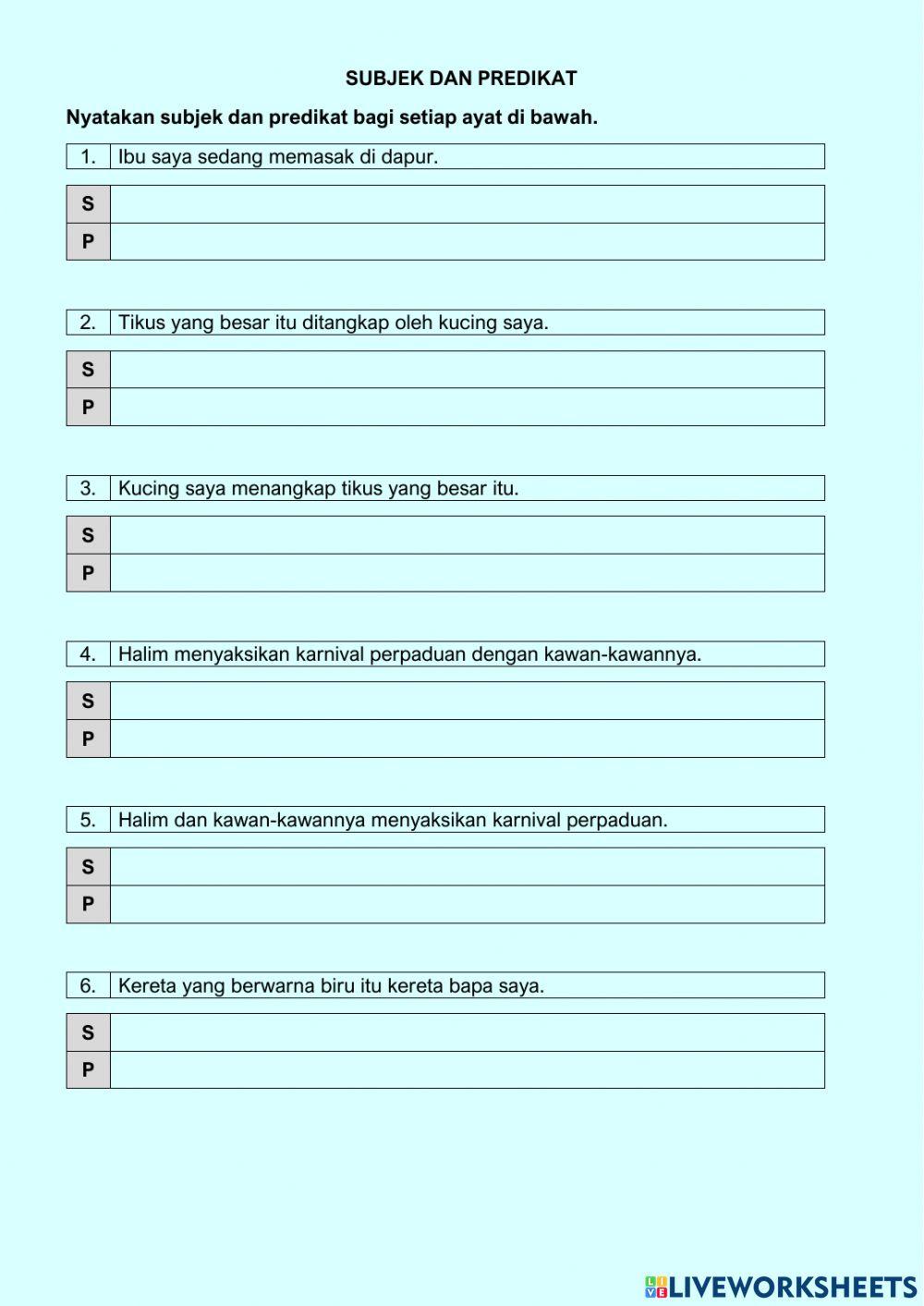 Subjek dan Predikat interactive activity | Live Worksheets