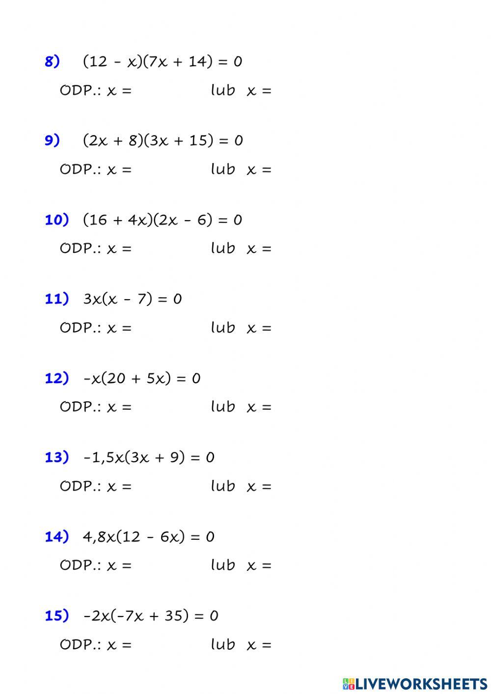 Równania (ax + … | Free Interactive Worksheets | 1730630