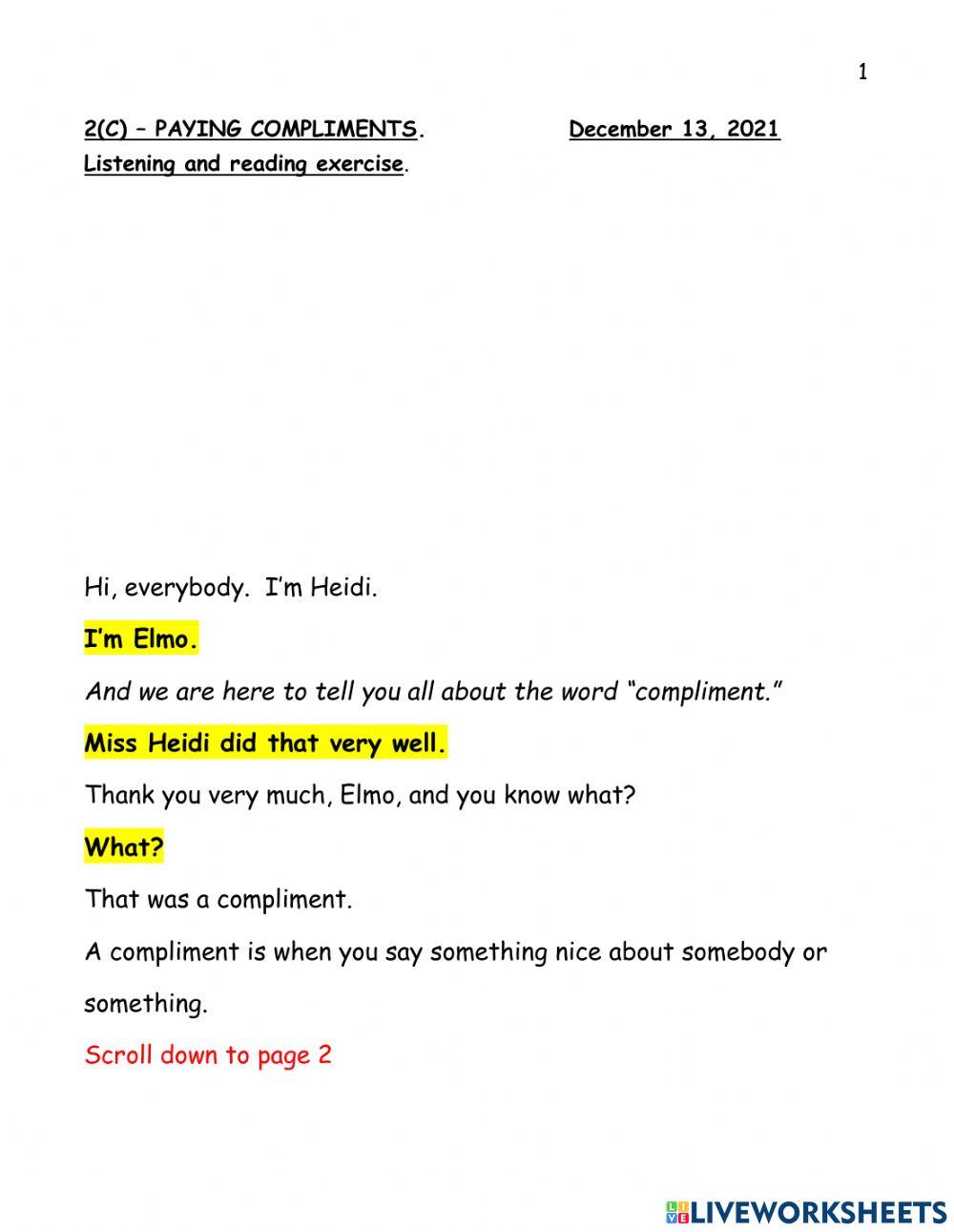 Paying complime… | Free Interactive Worksheets | 1730618