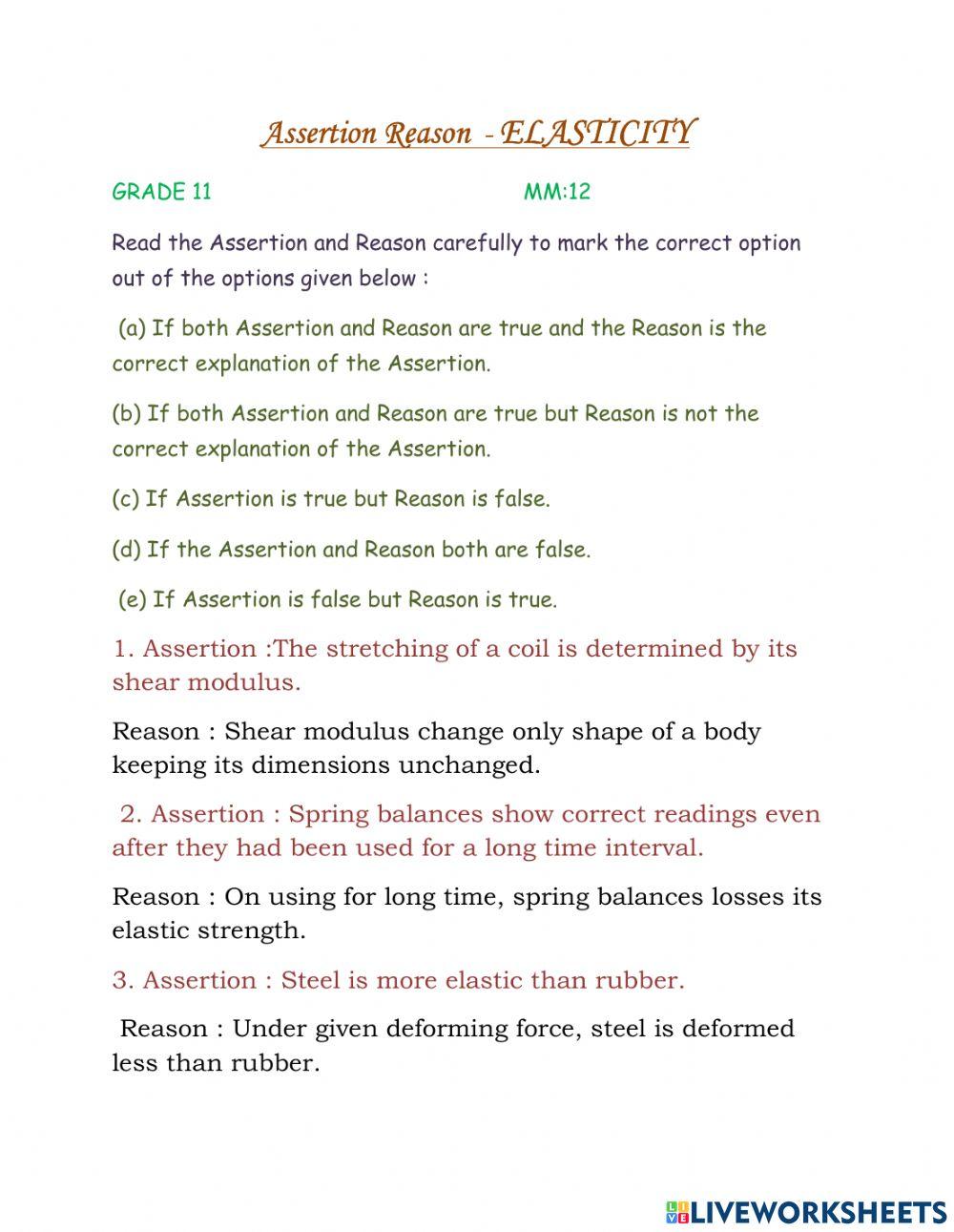 Assertion Reason-Elasticity 6798462 | RICHA SRIVASTAVA