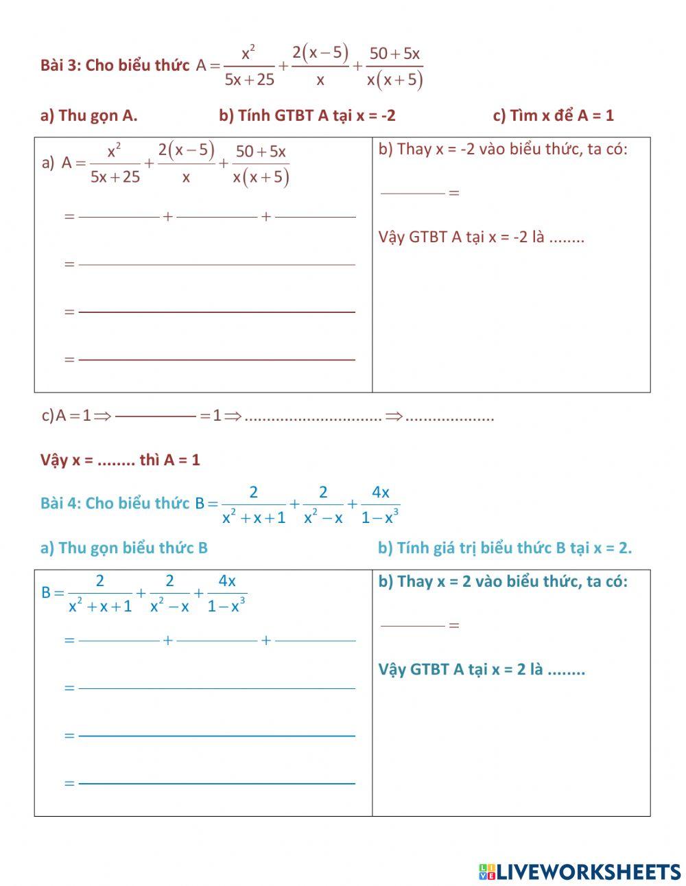 Phép cộng phân thức đại số | LiveWorksheets | 1731033