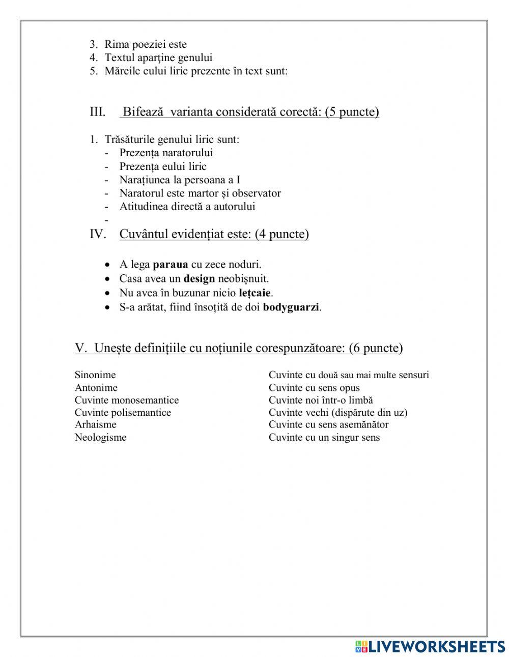 Analiza textului liric, Lexicul worksheet | Live Worksheets