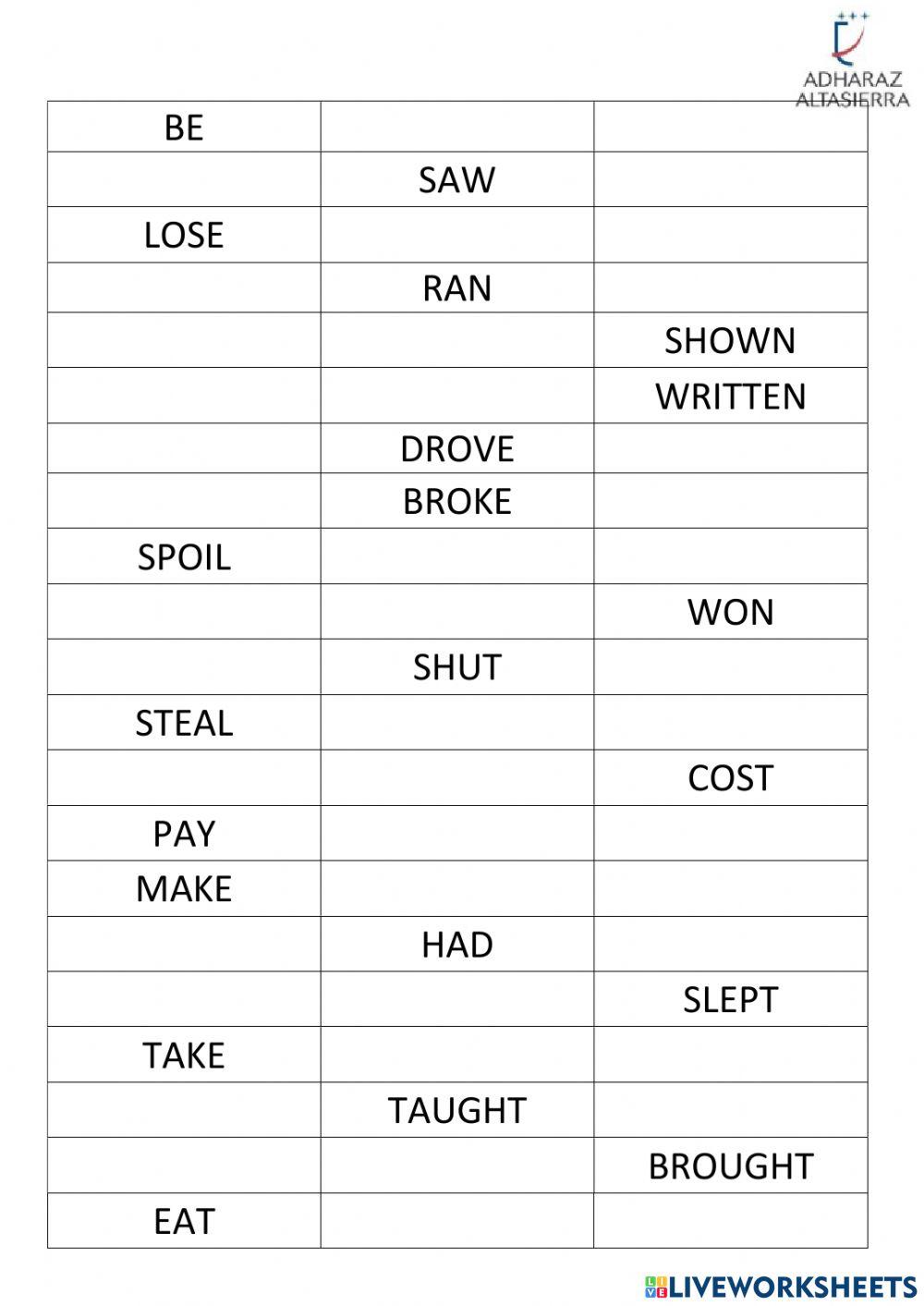 Irregular verbs FULL LIST online exercise for | Live Worksheets