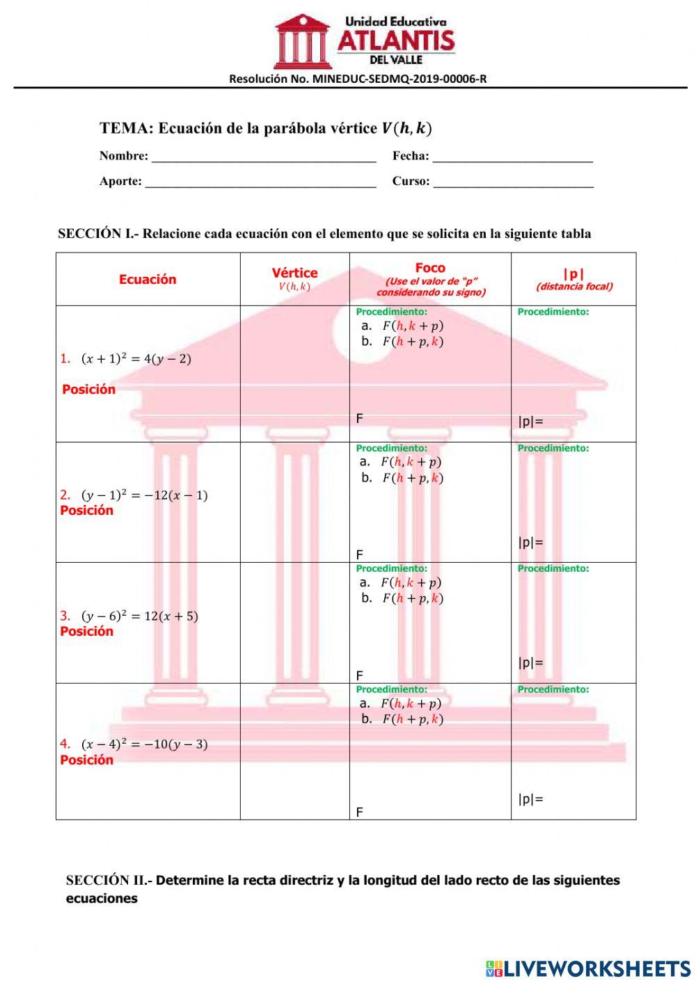 Parábola V(h,k) | Free Interactive Worksheets | 1731697