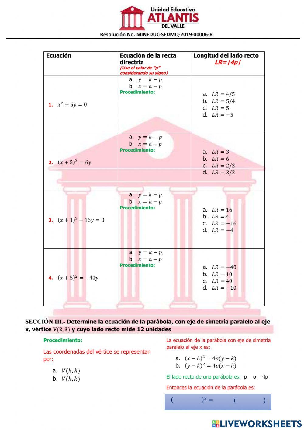 Parábola V(h,k) | Free Interactive Worksheets | 1731697