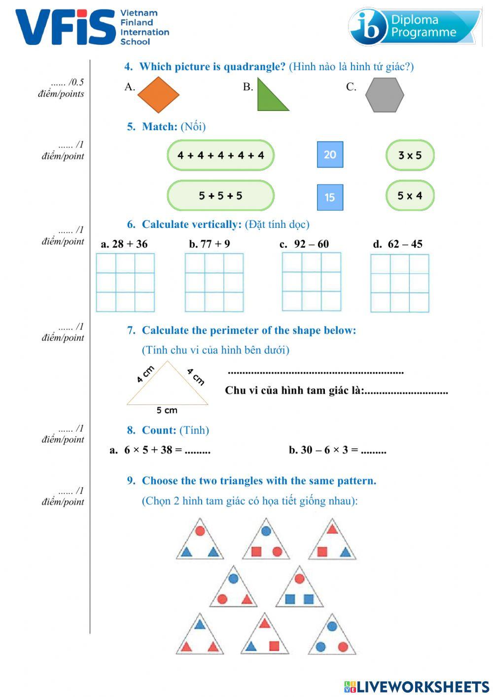 Math Test Term 1 worksheet | Live Worksheets