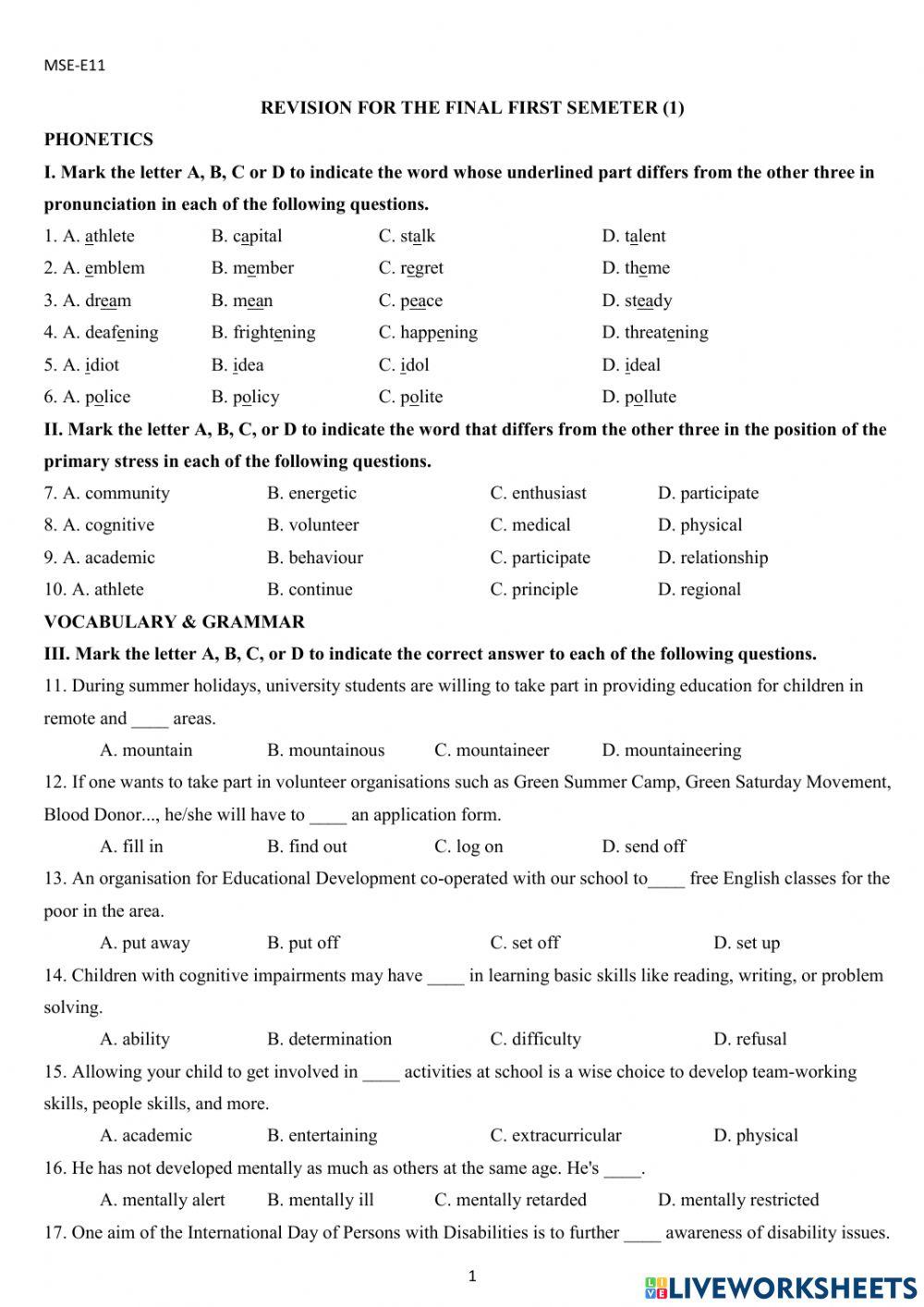 Review online exercise for Grade 11 | Live Worksheets
