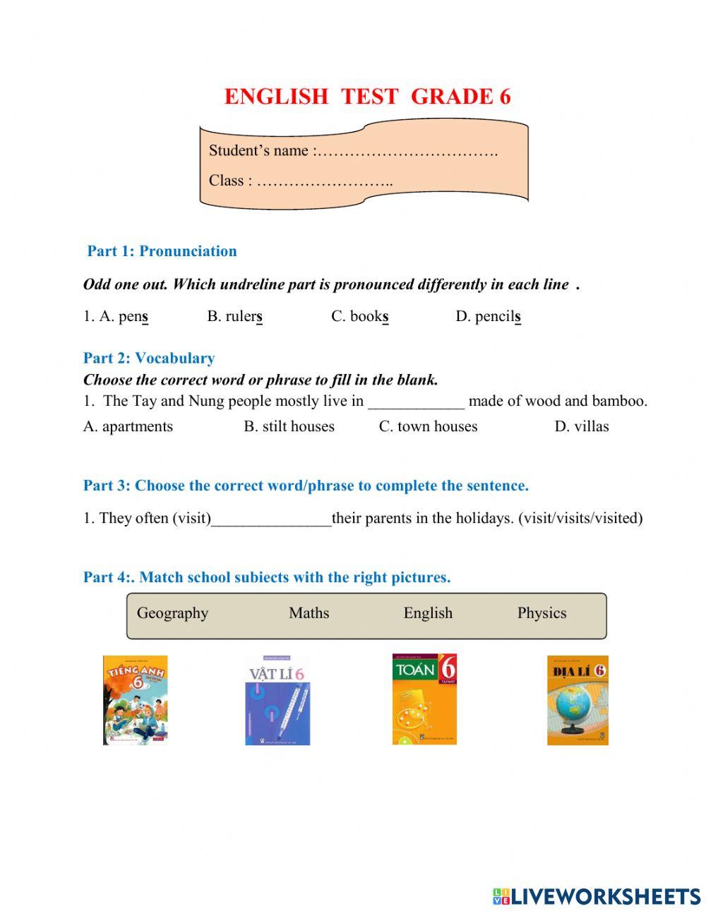 English Test online exercise for 6 | Live Worksheets