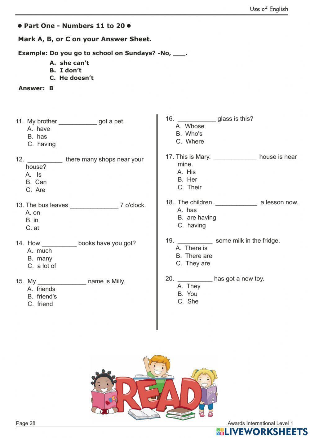 AWARDS LEVEL 1 SAMPLE TEST worksheet | Live Worksheets