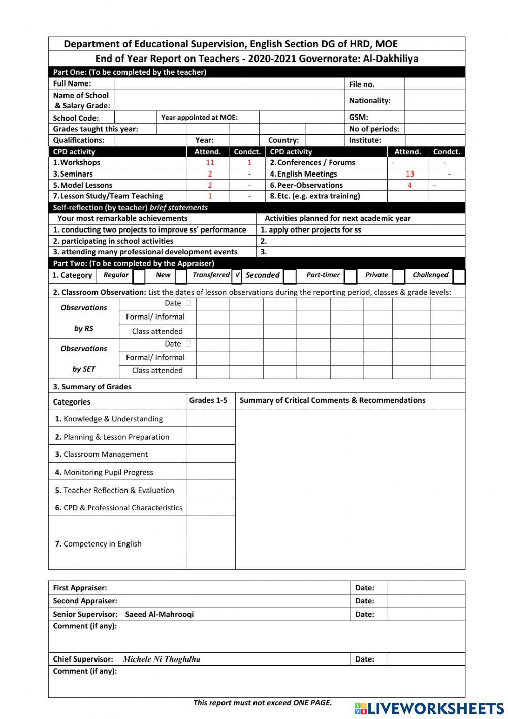 Appraisal form worksheet | Live Worksheets
