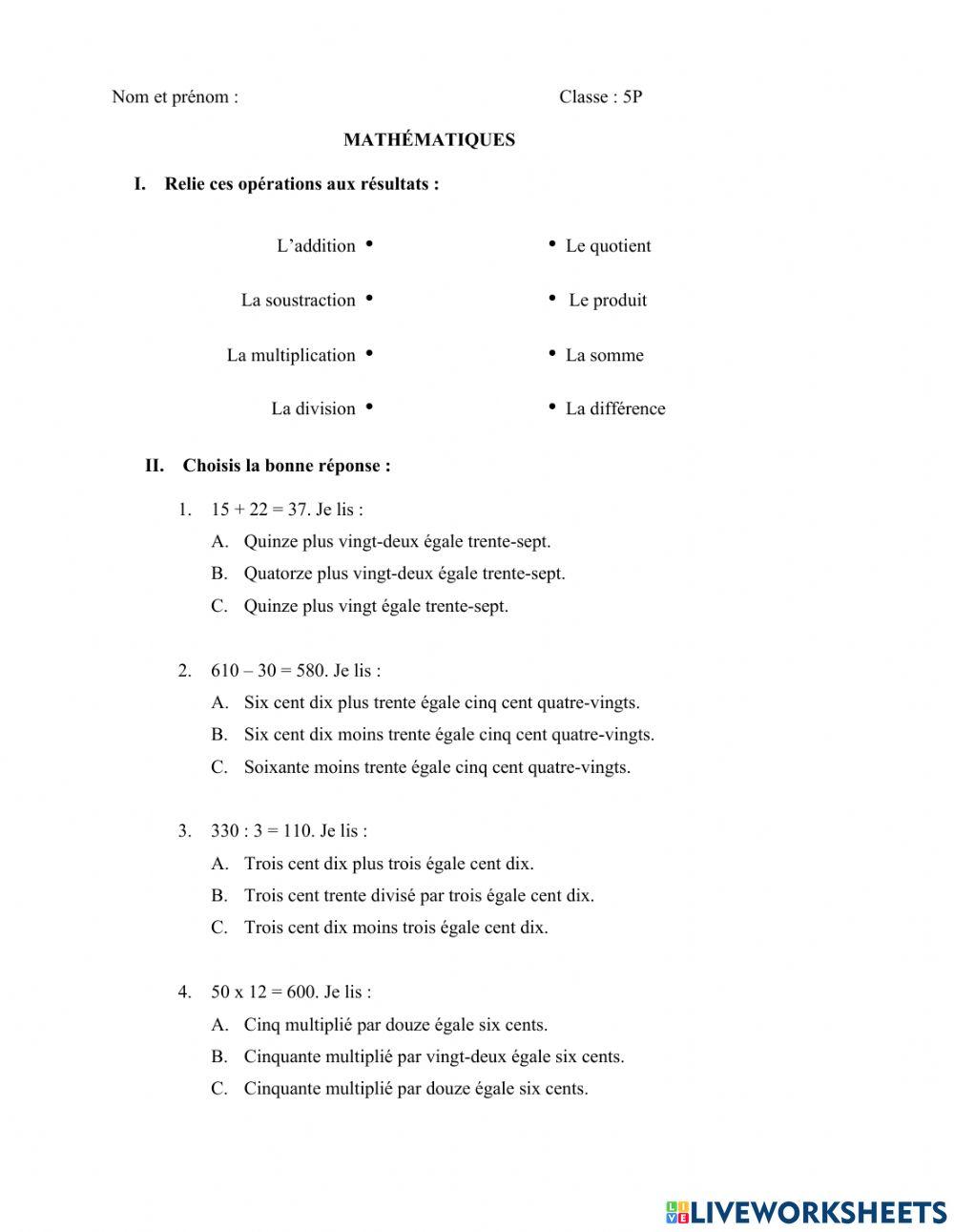 Mathématiques 5P | Free Interactive Worksheets | 1735541