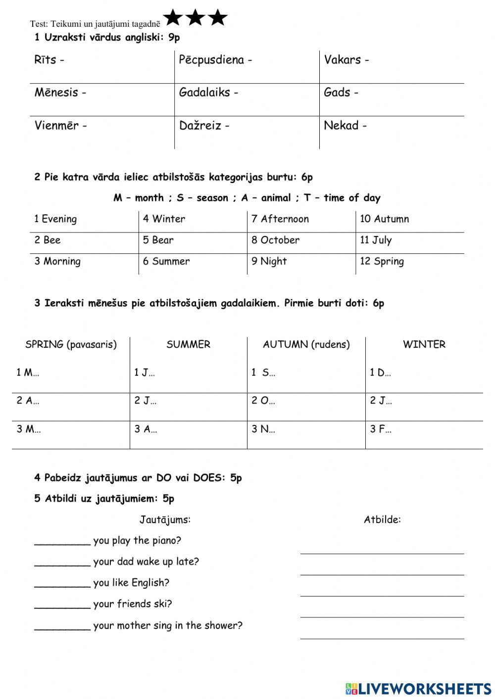 4.klase pārbaudes darbs- tagadne worksheet | Live Worksheets