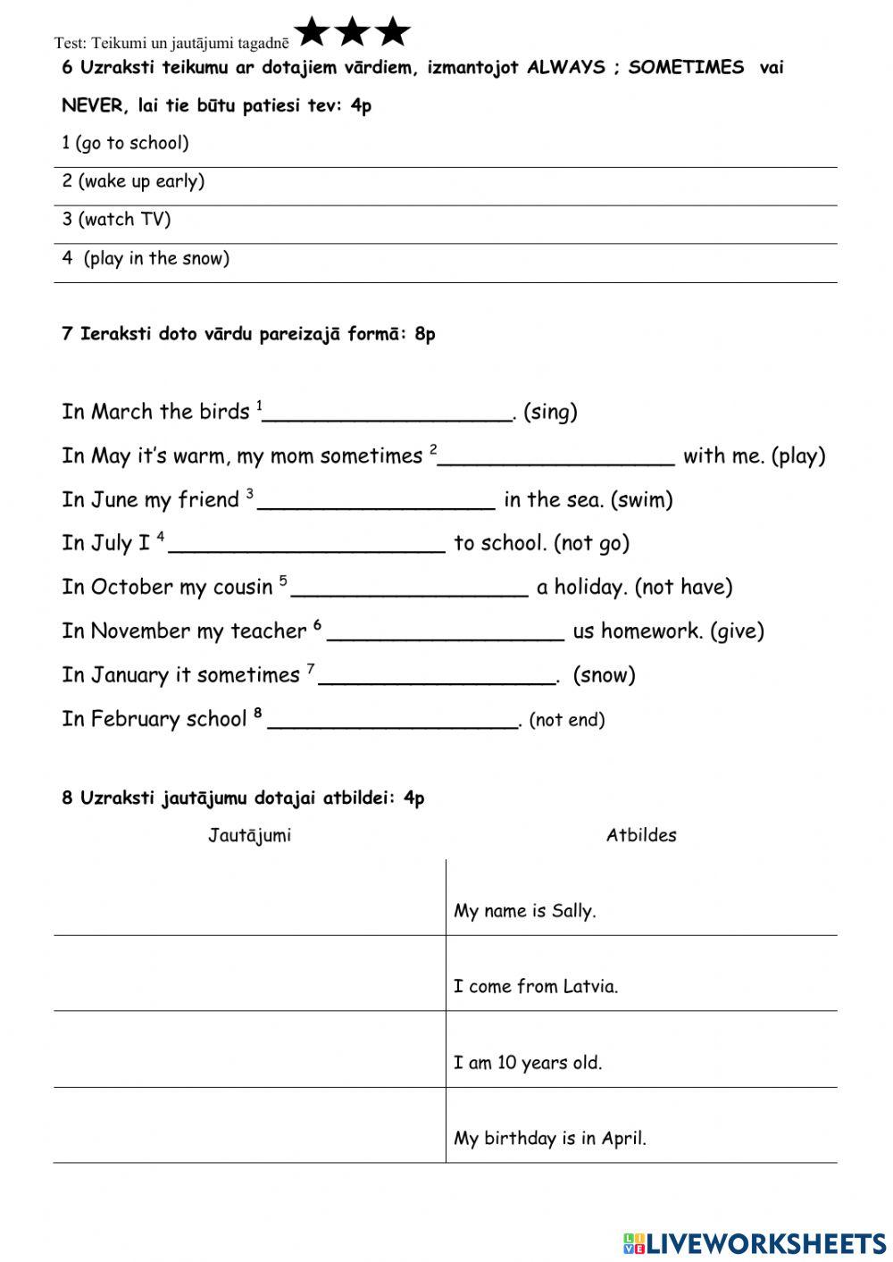 4.klase pārbaudes darbs- tagadne worksheet | Live Worksheets