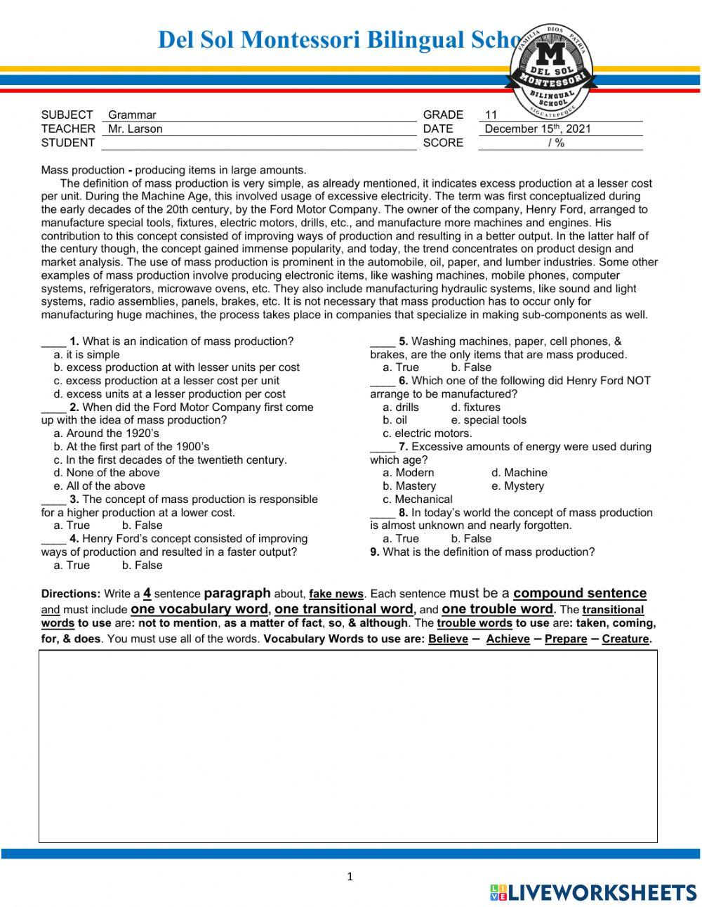 Grammar 11th grade online exercise for | Live Worksheets