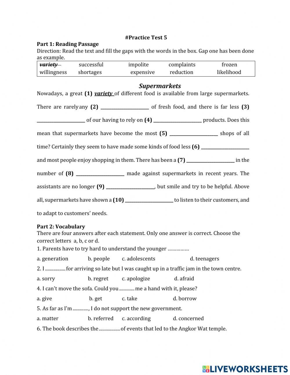 Bac II, Practice Test 5 1734831 | song vichet | Live
