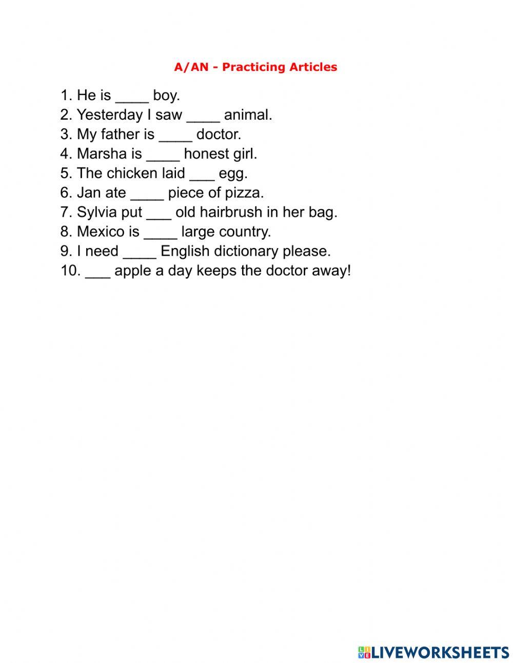 Grammar (a-an) worksheet | Live Worksheets