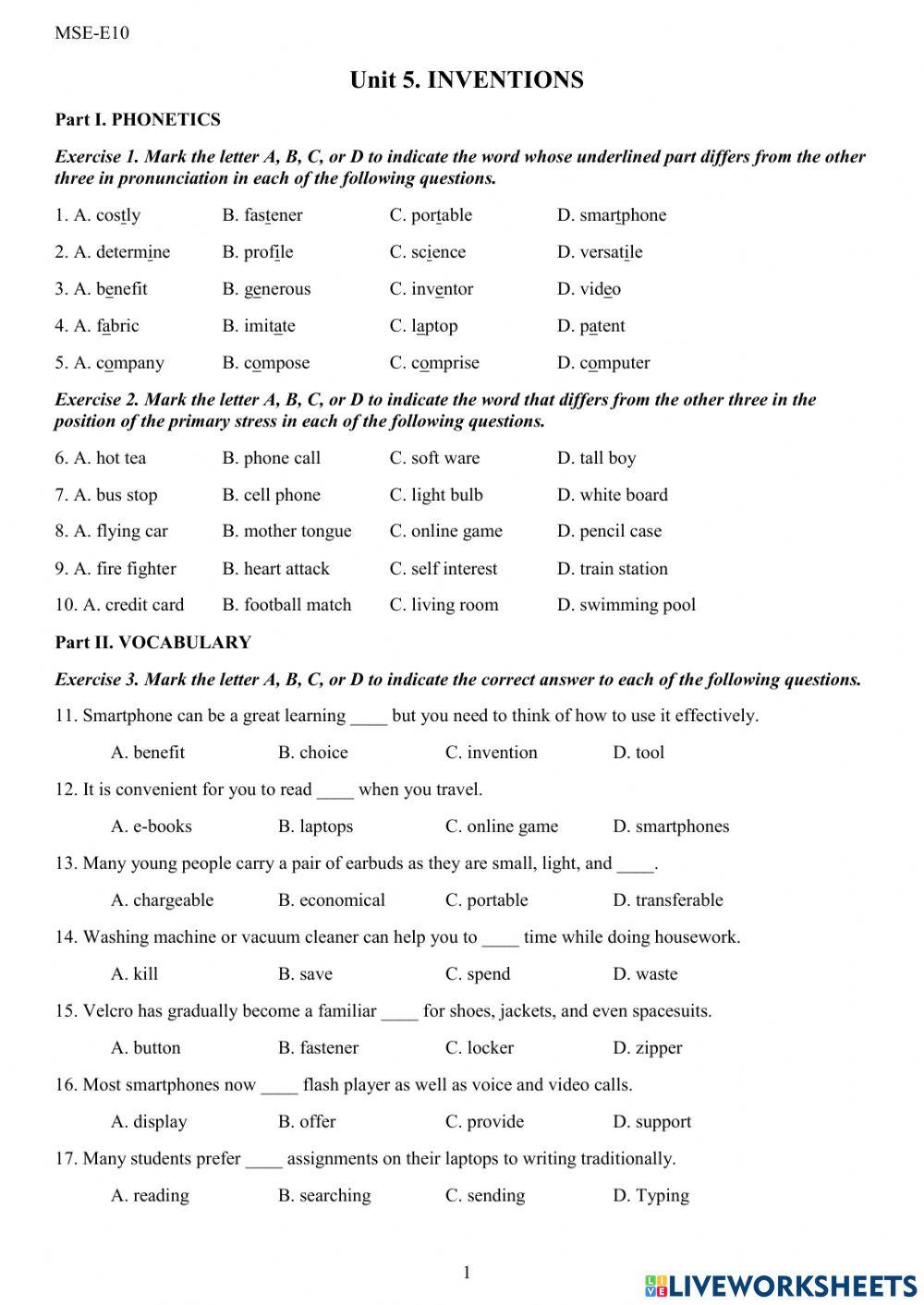 Inventions online exercise for Grade 10 | Live Worksheets