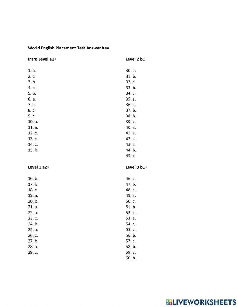 Placement test key and assessment worksheet | Live Worksheets