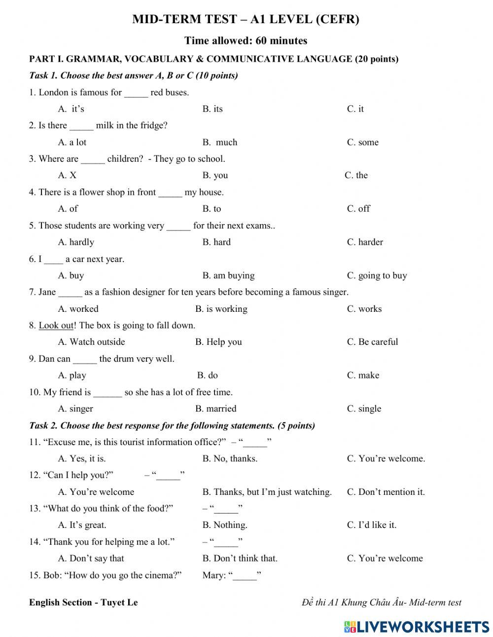 Placement test level A worksheet | Live Worksheets