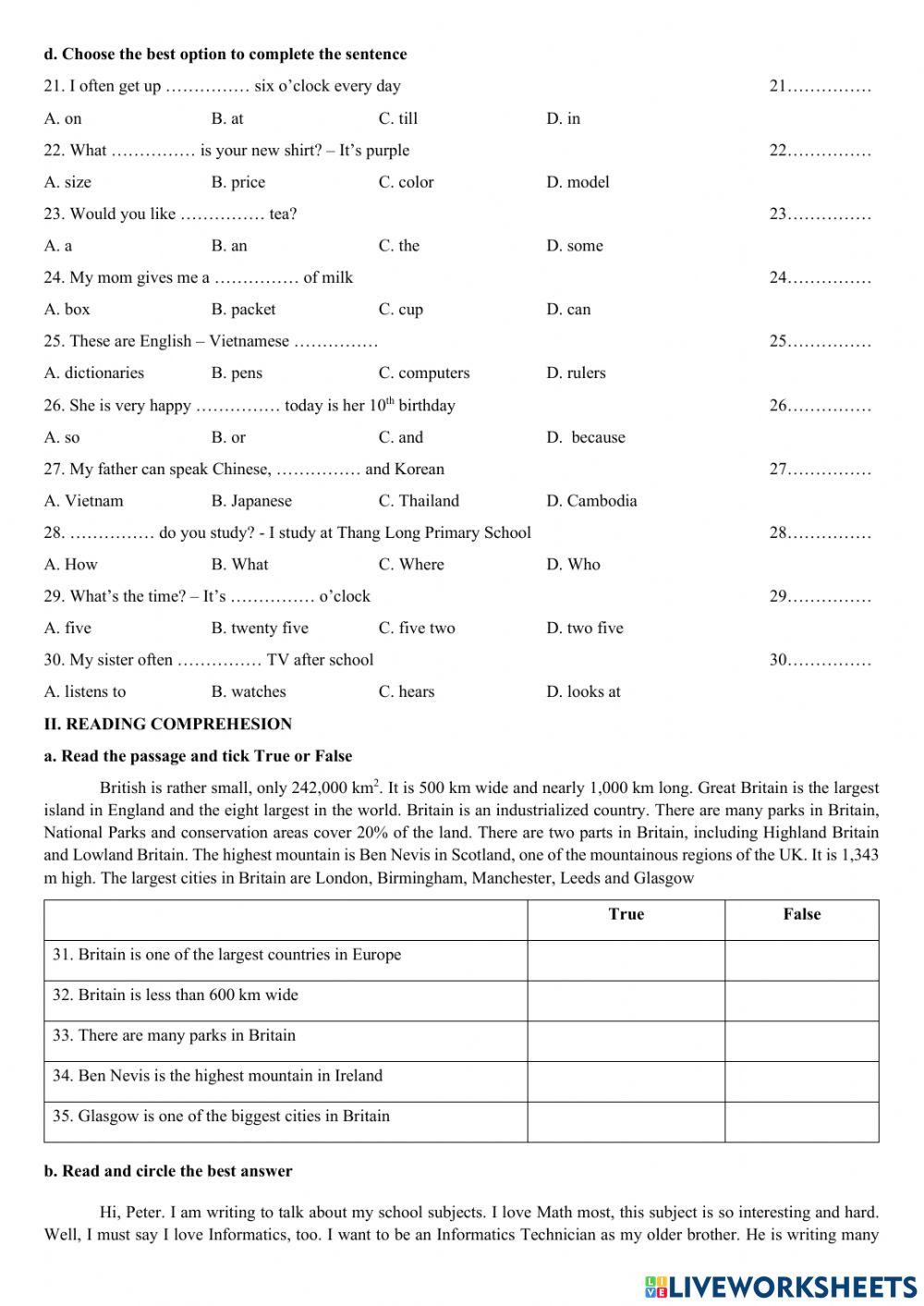 Practice Test 3 online worksheet | Live Worksheets