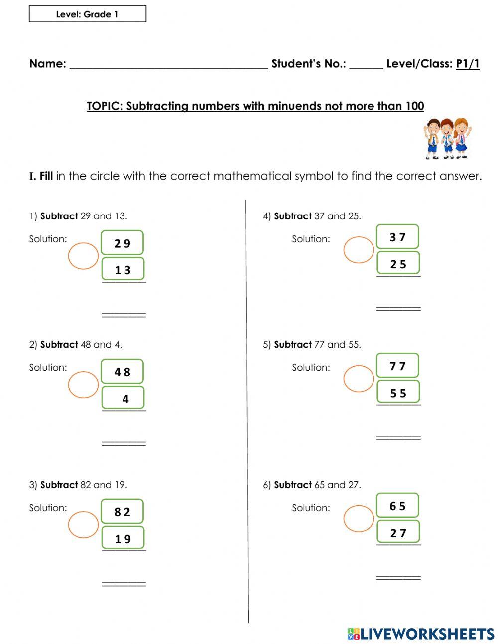 P1 Math Subtraction worksheet 1735933 | joylyngubantes