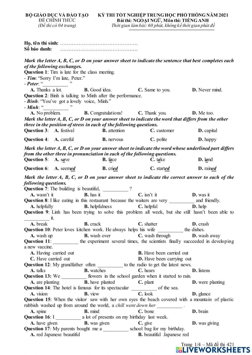 English test 2021 worksheet | Live Worksheets