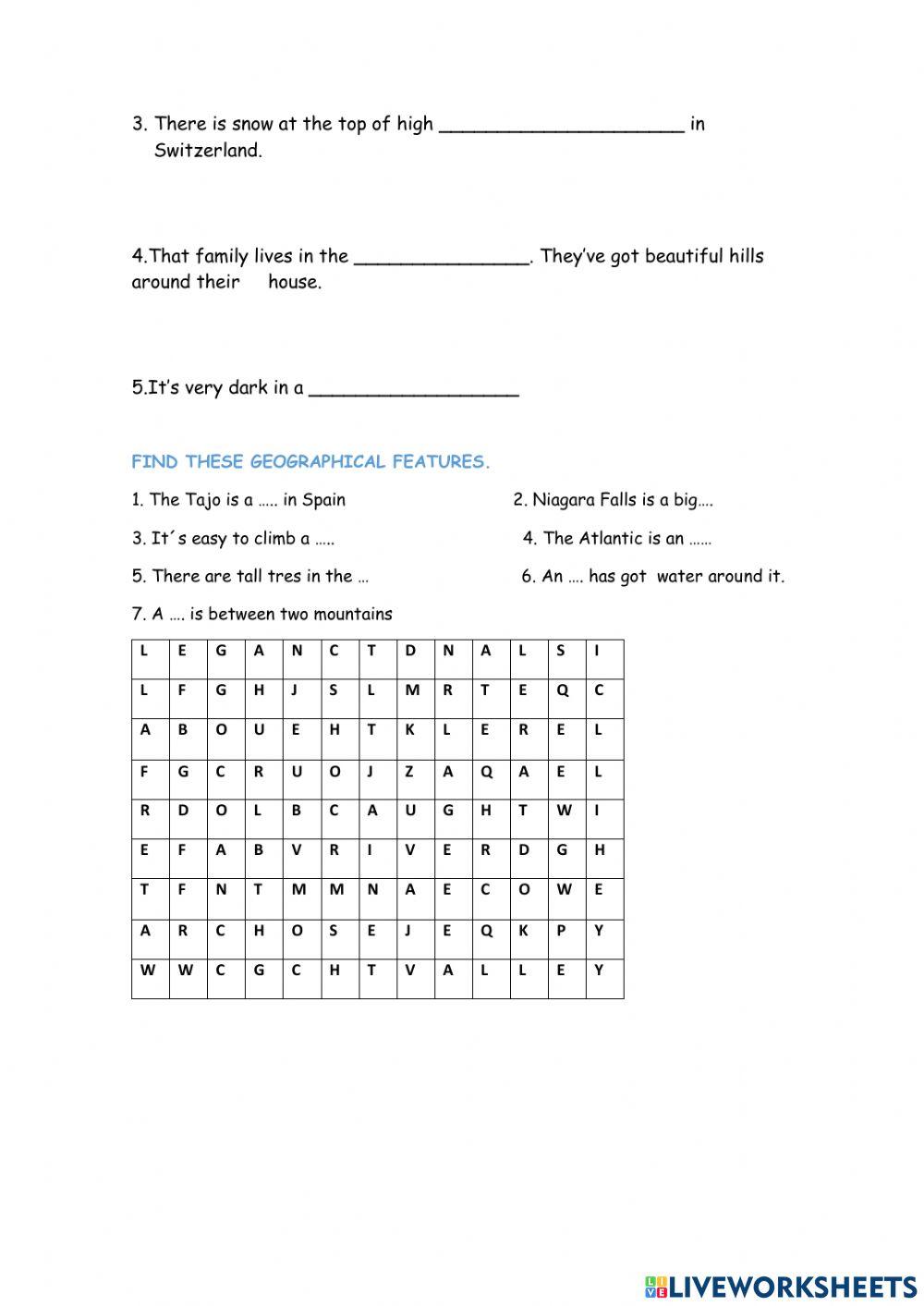 Vocabulary:Geographical features worksheet | Live Worksheets