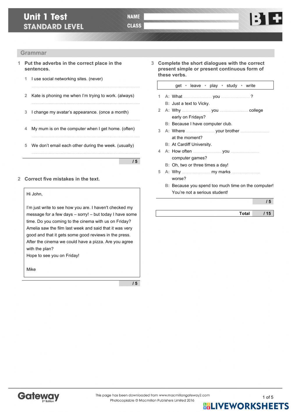 Gateway B1+ unit 1 online exercise for | Live Worksheets