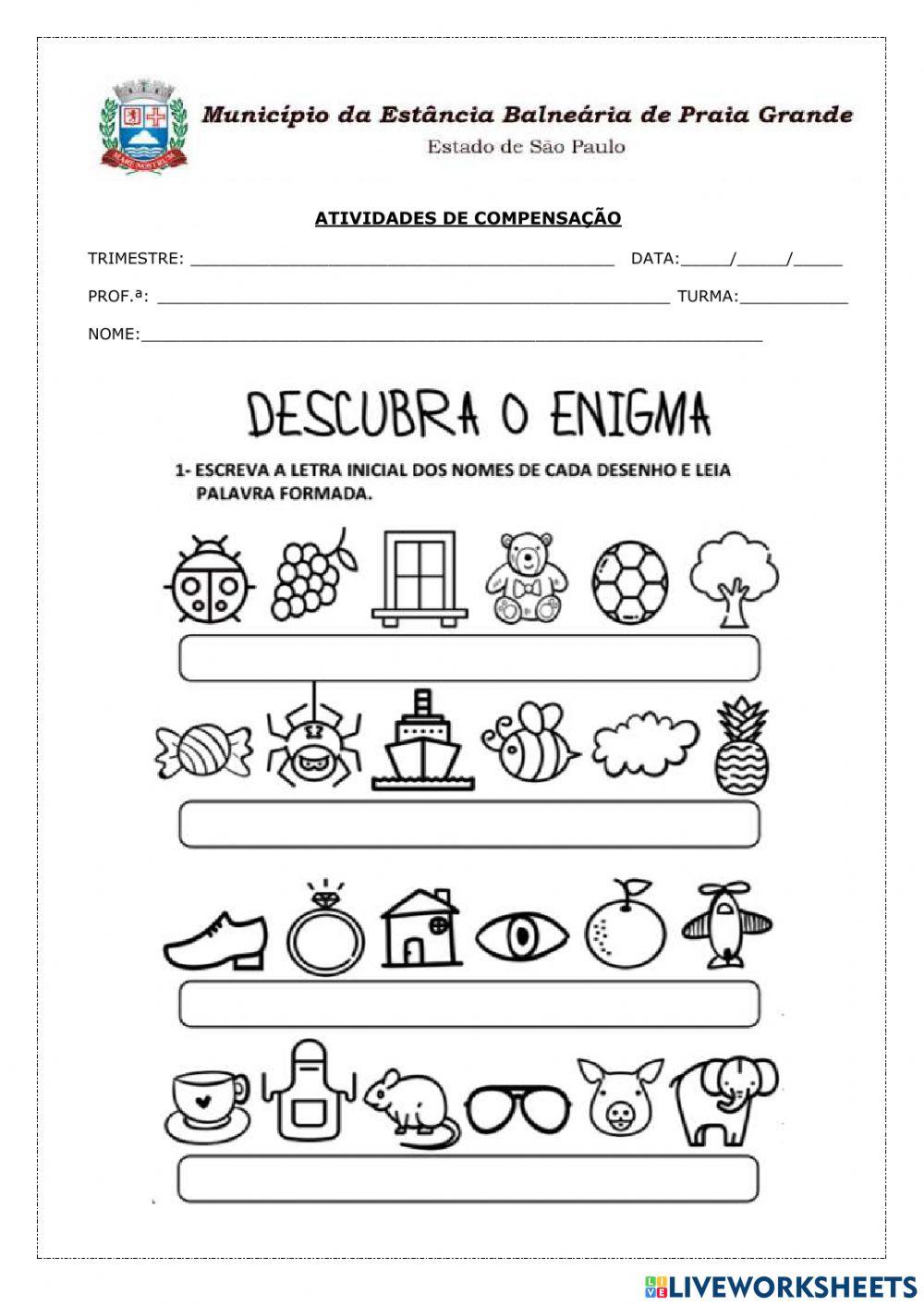 Enigma interactive exercise for 1.º ano | Live Worksheets