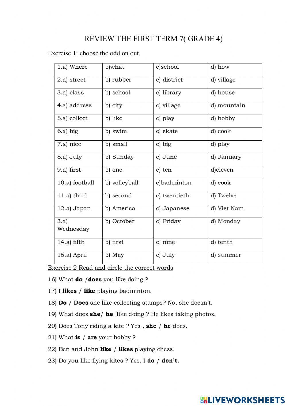 Review the first term 7( grade 4) worksheet | Live Worksheets