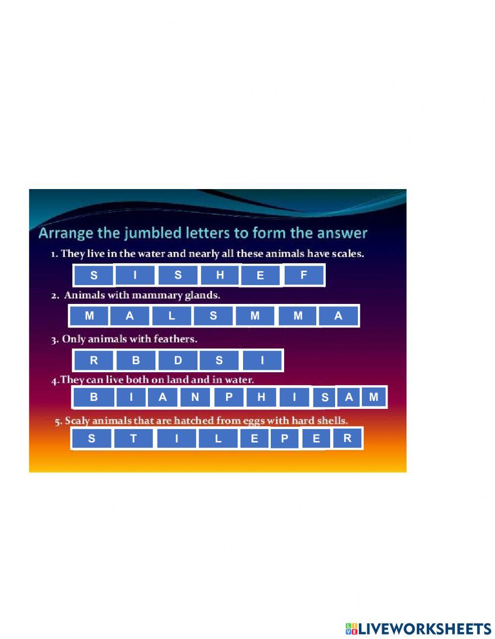 Jumbled letters-vertebrates online exercise for | Live Worksheets