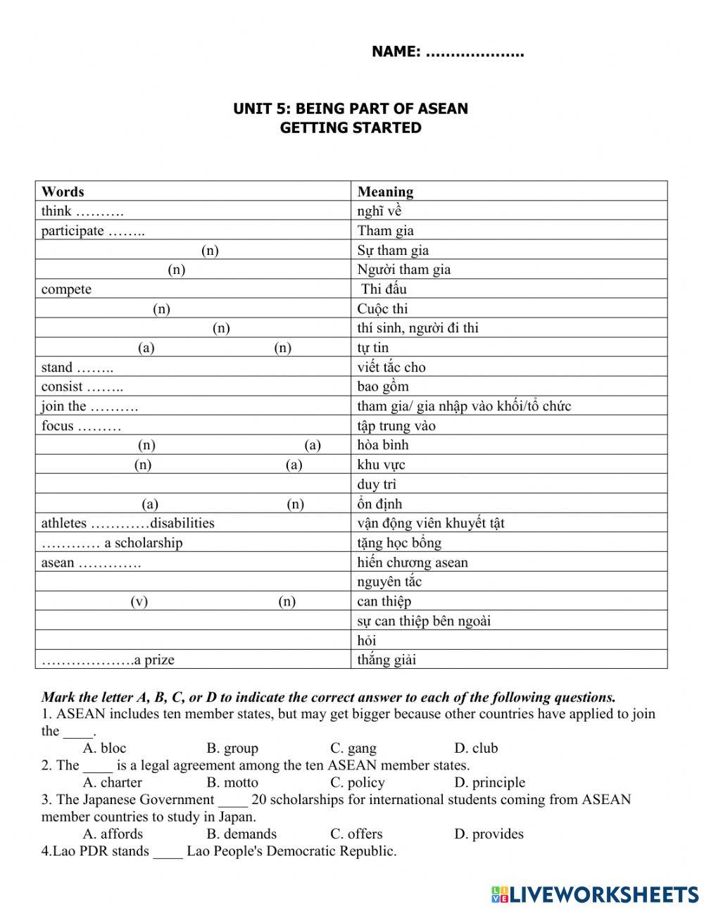 11. unit 5 getting started (vocab) worksheet | Live Worksheets