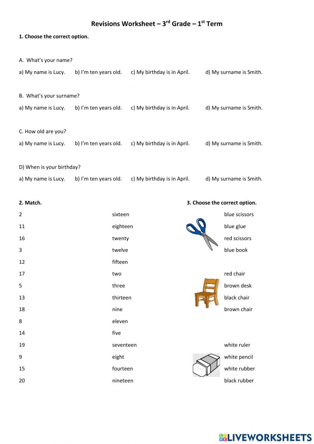 Revisions - Numbers, Colours, School Objects, Personal ID worksheet ...
