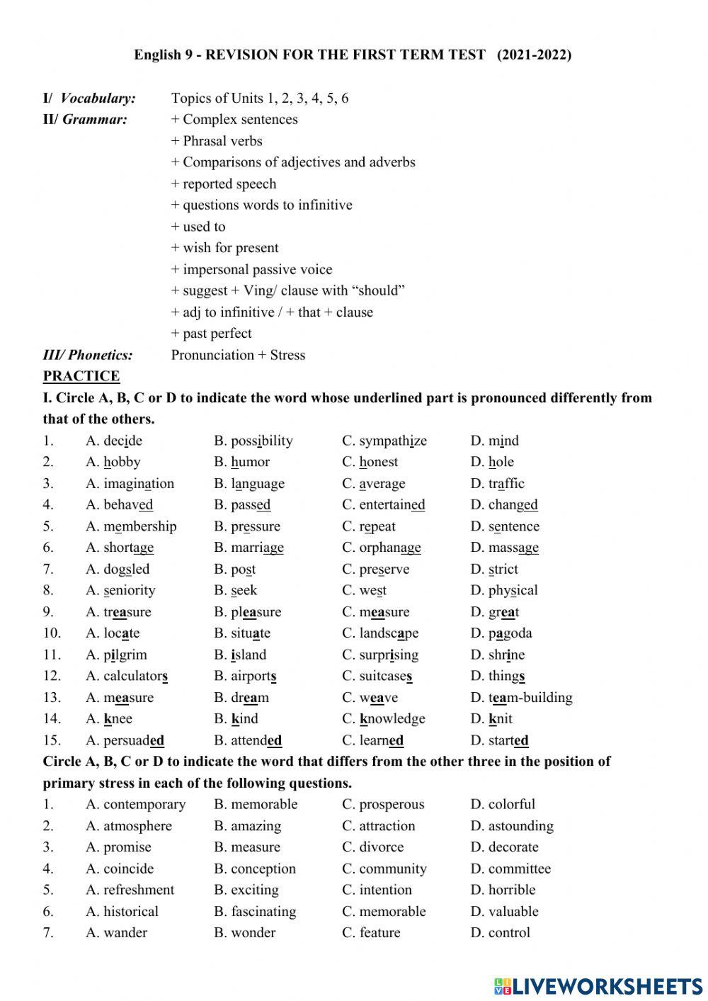 Grade 9A- đề cương HK 1 worksheet | Live Worksheets