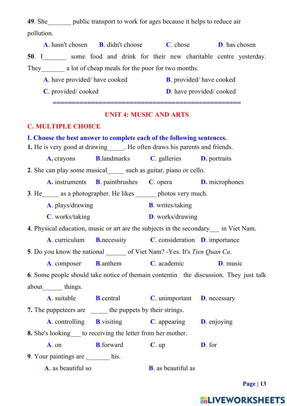 Thuydzung | MULTIPLE CHOICE 2 2636372 | LiveWorksheets