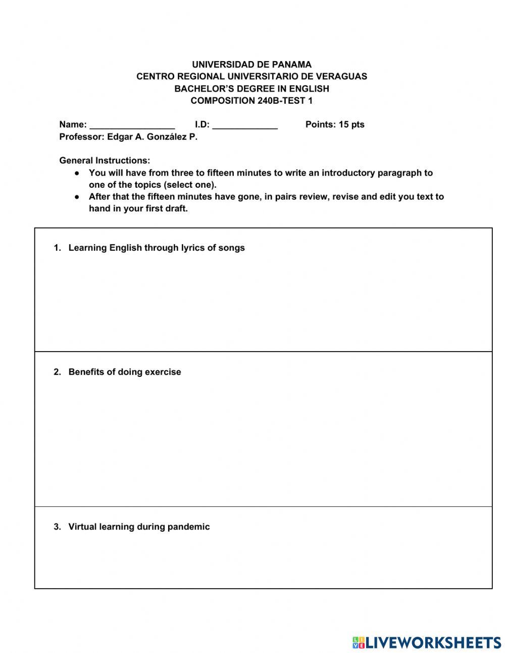 INTRODUCTORY PARAGRAPH TEST online exercise for | Live Worksheets