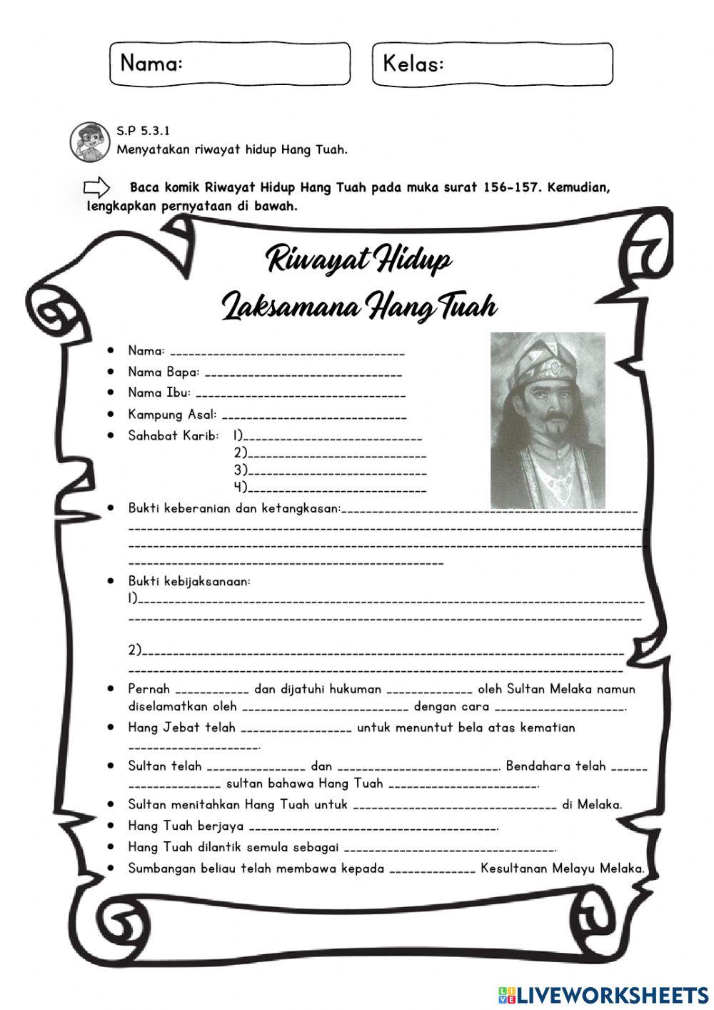 Riwayat Hidup Hang Tuah online exercise for | Live Worksheets