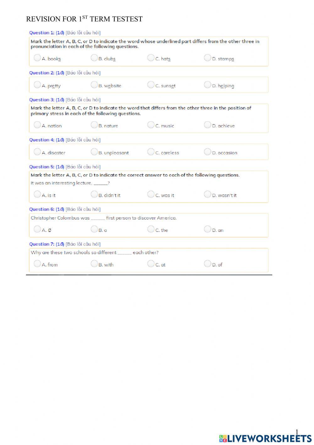 Revision 1st term test1 worksheet | Live Worksheets